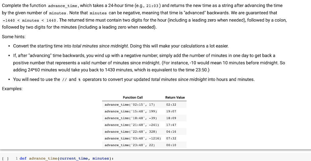 Solved Complete the function advance_time, which takes a | Chegg.com