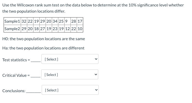 Solved Use the Wilcoxon rank sum test on the data below to | Chegg.com