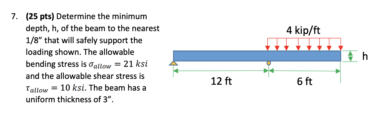Solved 4 kip/ft 7. (25 pts) Determine the minimum depth, h, | Chegg.com