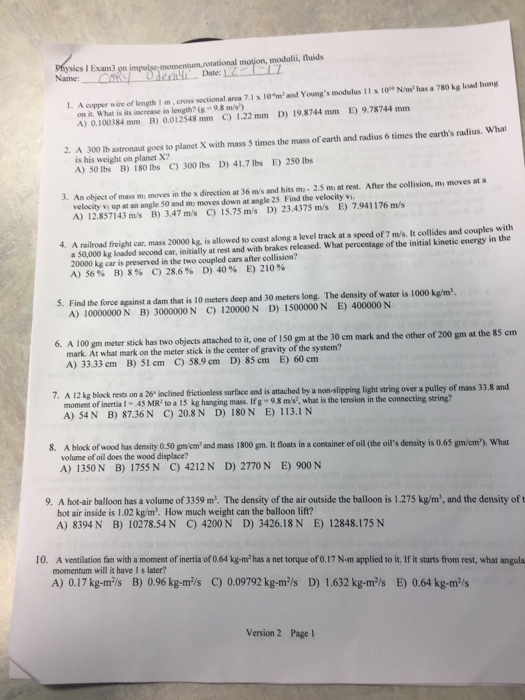 Solved I Exam3 Name: o on impulse-momentum,rotational | Chegg.com