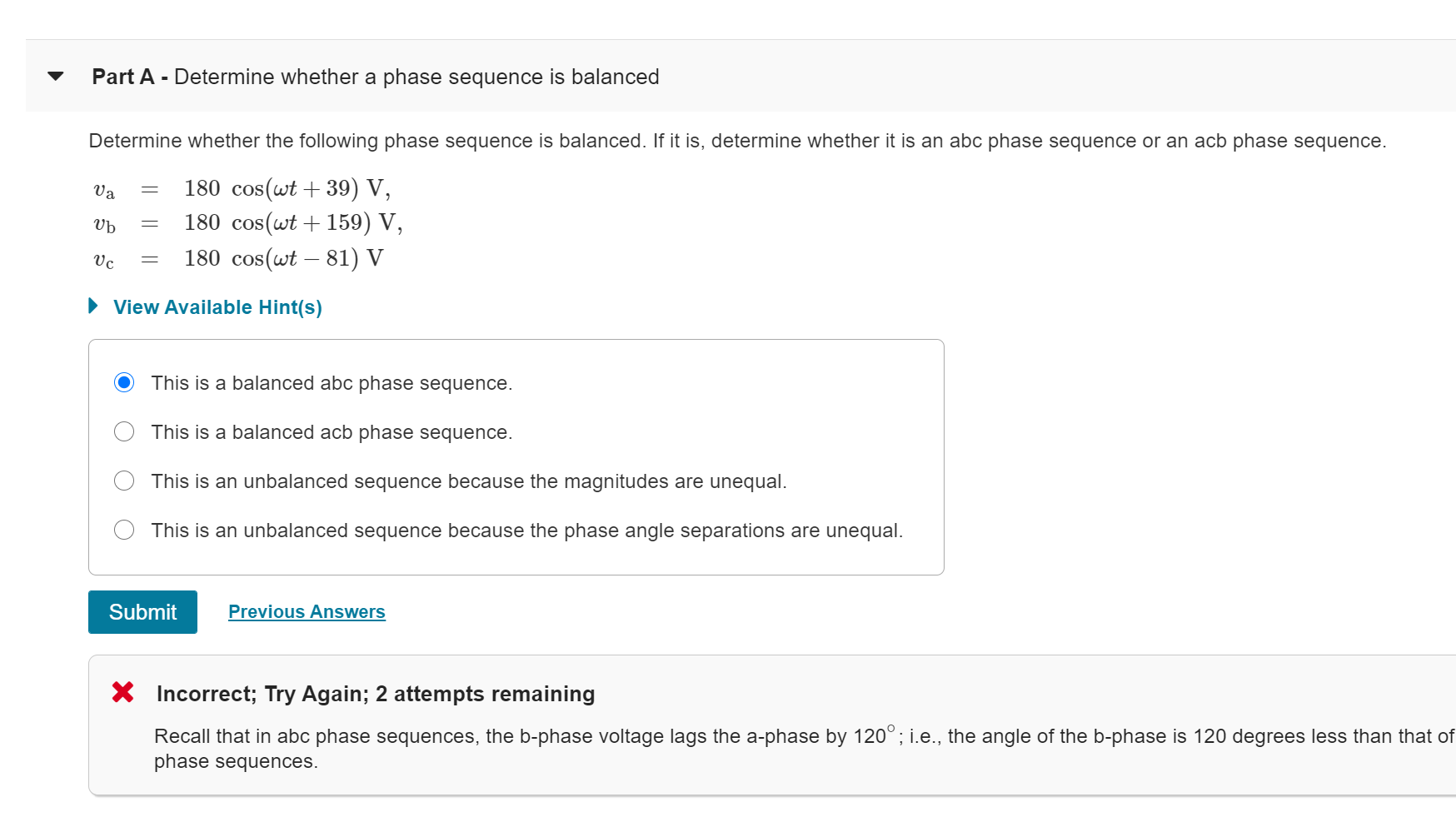 Solved Part A - Determine whether a phase sequence is | Chegg.com