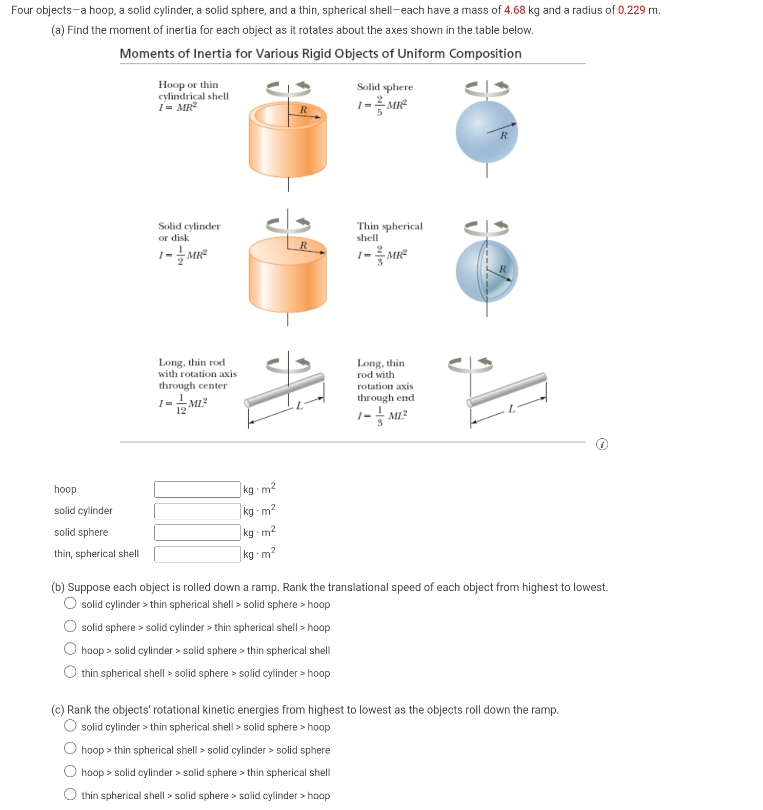 Solved our objects-a hoop, a solid cylinder, a solid sphere, | Chegg.com