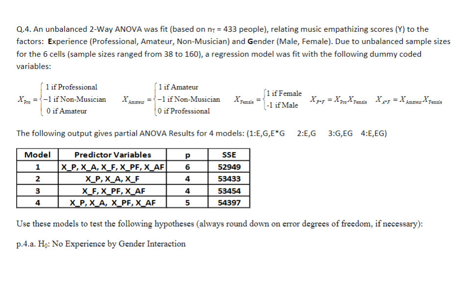 Solved Q4 an Unbalanced 2 Way Anova Was Fit Based On