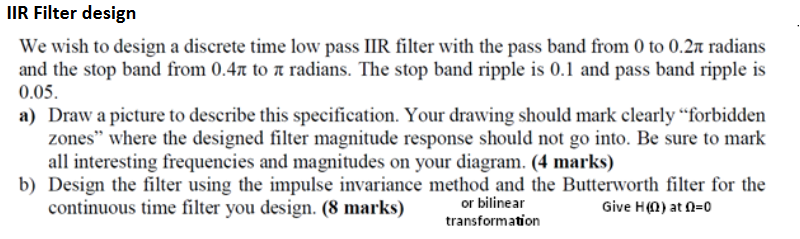 Solved IIR Filter design We wish to design a discrete time | Chegg.com