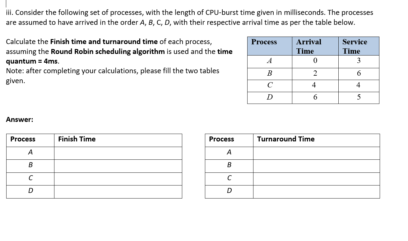 Solved iii. Consider the following set of processes, with | Chegg.com