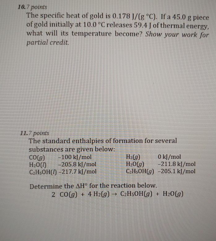 Solved 10.7 points The specific heat of gold is 0.178 J/g | Chegg.com