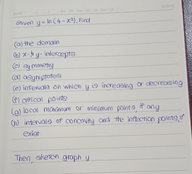 Solved NOTES Os os OM OT OW OT OF DATE Given y In (4-x2). | Chegg.com