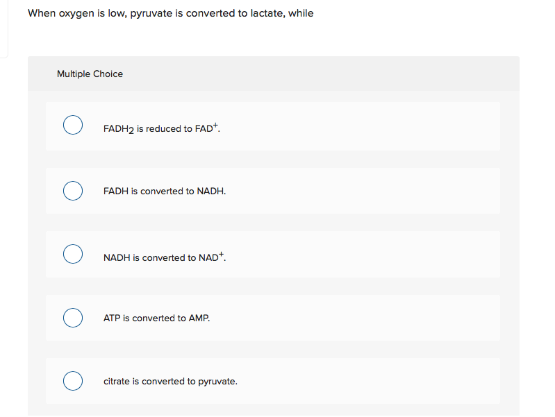 Solved When oxygen is low, pyruvate is converted to lactate, | Chegg.com