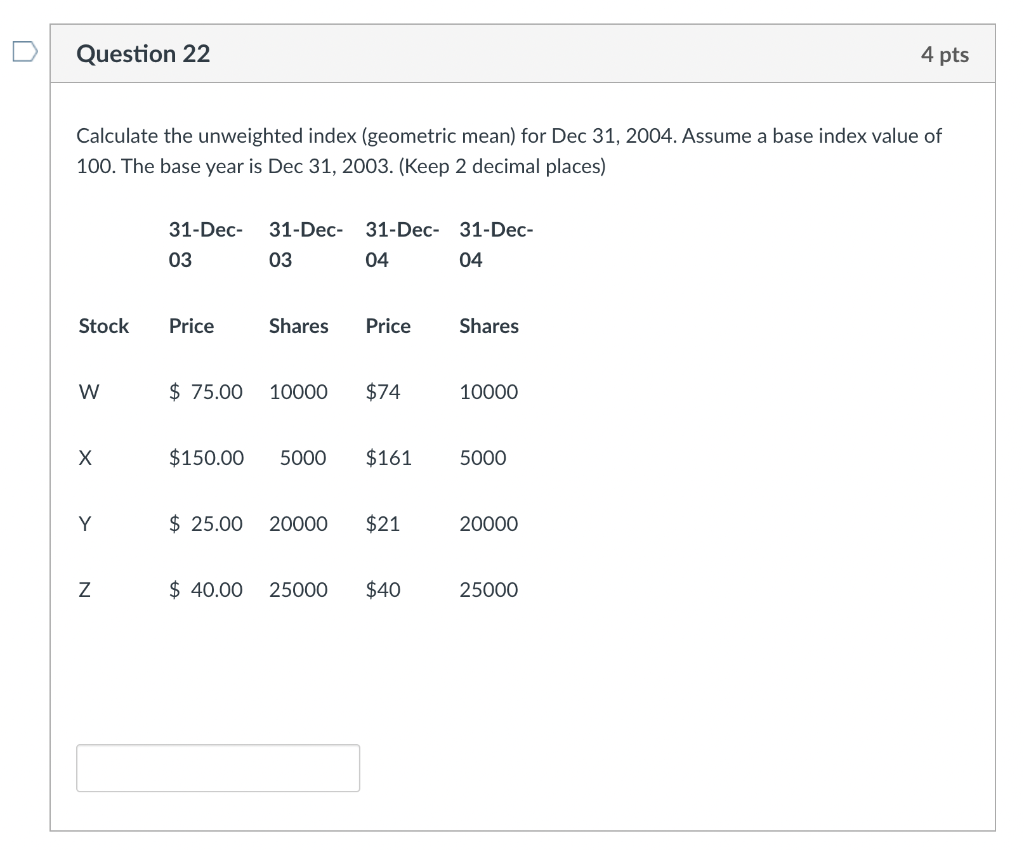 Solved Calculate the unweighted index (geometric mean) for | Chegg.com