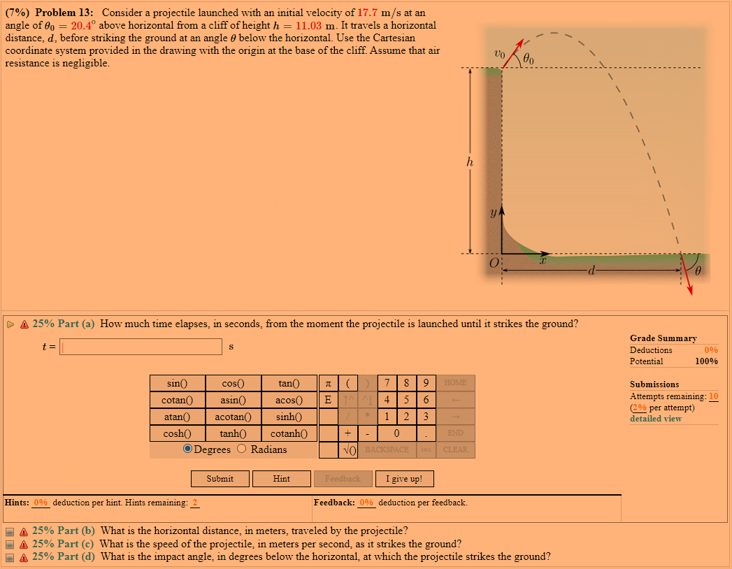 Solved (7\%) Problem 13: Consider a projectile launched with | Chegg.com