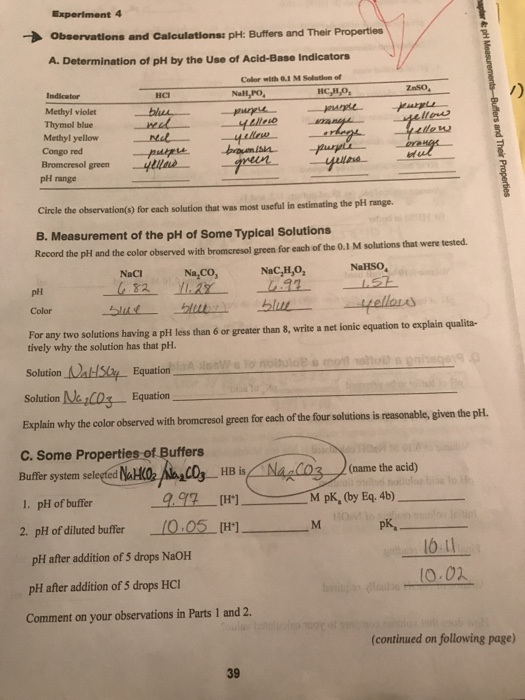 Solved Observations and Calculations: pH Buffers and Their | Chegg.com