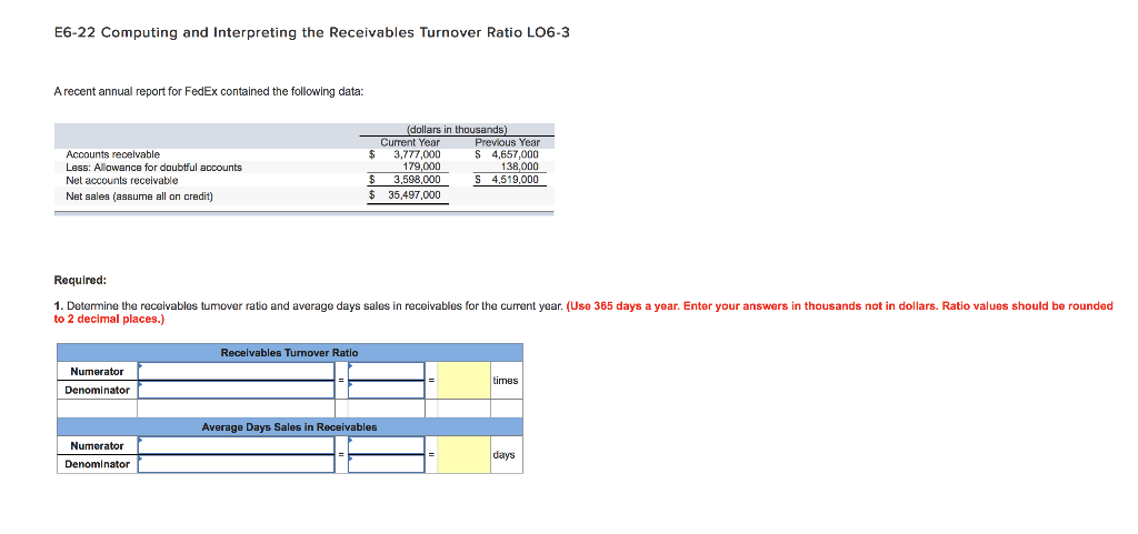 Solved E6-22 Computing and Interpreting the Receivables | Chegg.com