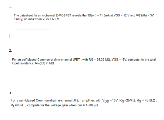 Solved 1. The datasheet for an n-channel E-MOSFET reveals | Chegg.com