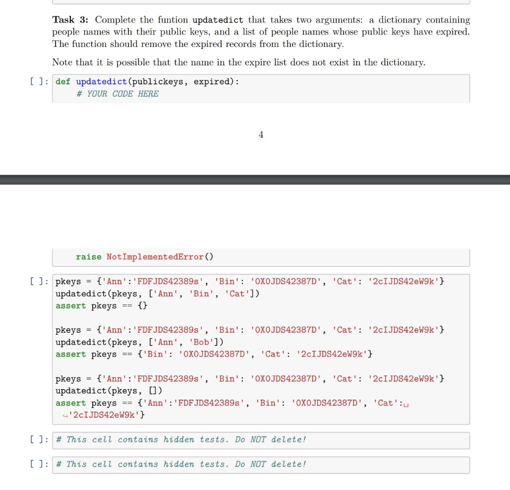 Solved Task 3: Complete the funtion updatedict that takes | Chegg.com
