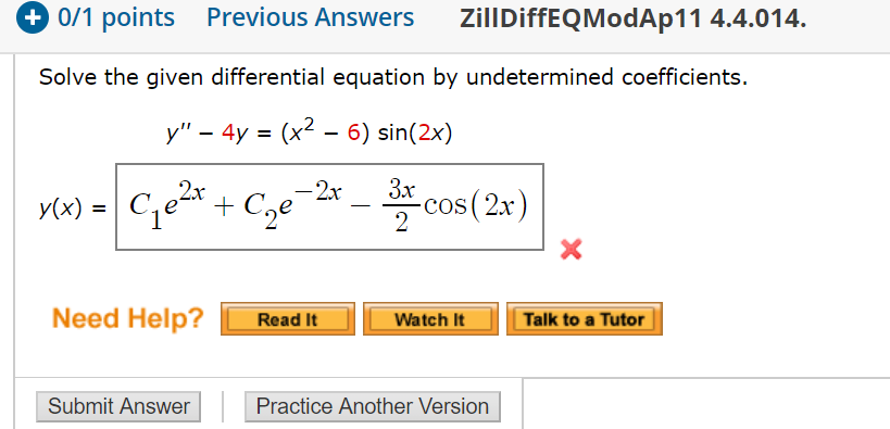 Solved + 0/1 points Previous Answers ZillDiffEQModAp11 | Chegg.com