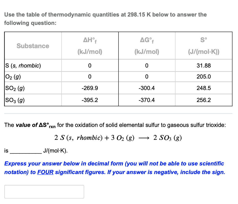 Solved Use the table of thermodynamic quantities at 298.15 K | Chegg.com