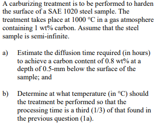 Solved A carburizing treatment is to be performed to harden | Chegg.com