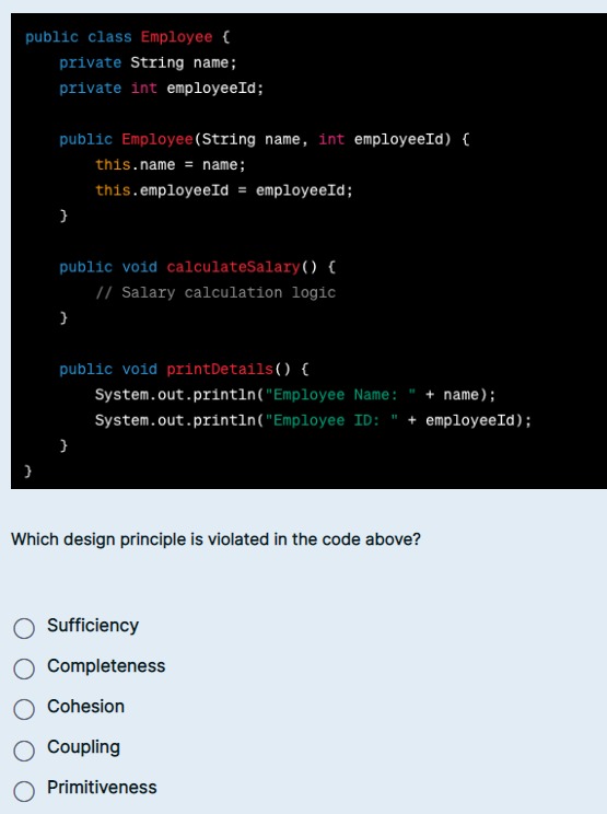 Solved Which design principle is violated in the code | Chegg.com