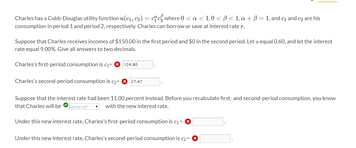 Solved Charles has a Cobb-Douglas utility function u(c1, c2) | Chegg.com