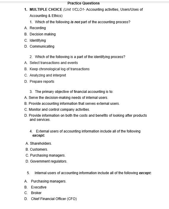 Solved Practice QuestionsMULTIPLE CHOICE (Unit | Chegg.com