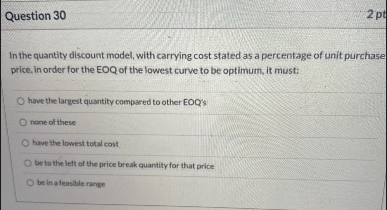 Solved Question 30 2 pt In the quantity discount model, with | Chegg.com