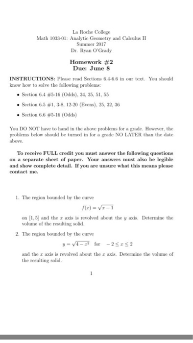 Solved La Roche College Math 1033-01: Analytic Geometry and | Chegg.com