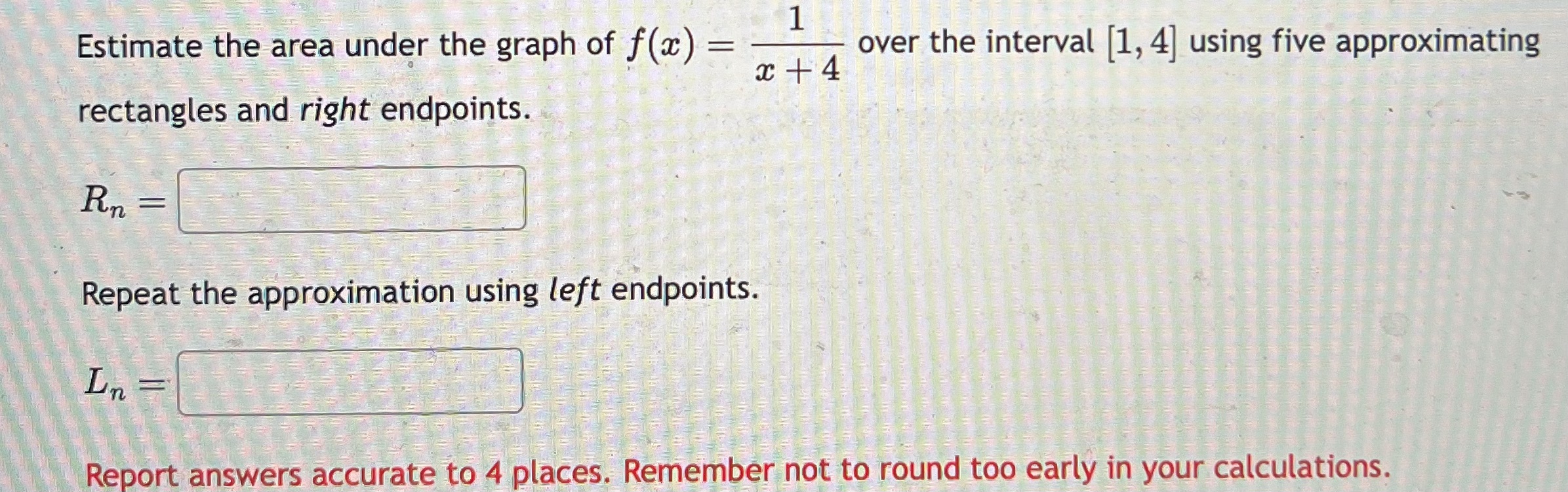 Solved Estimate the area under the graph of f(x)=1x+4 ﻿over | Chegg.com