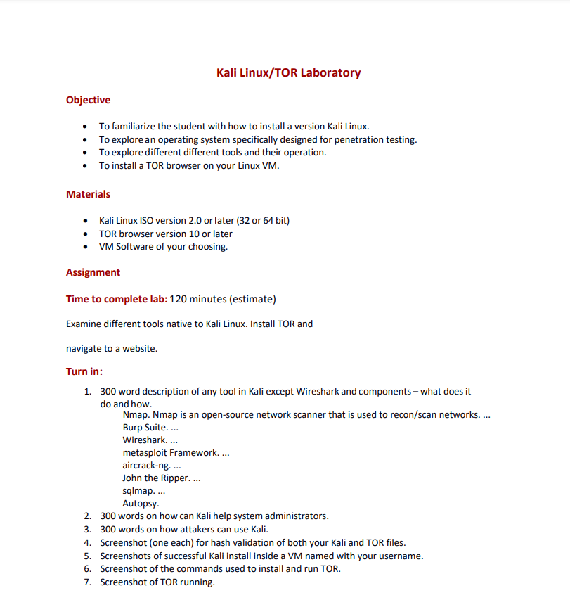 Solved Kali Linux/TOR Laboratory Objective • To familiarize | Chegg.com