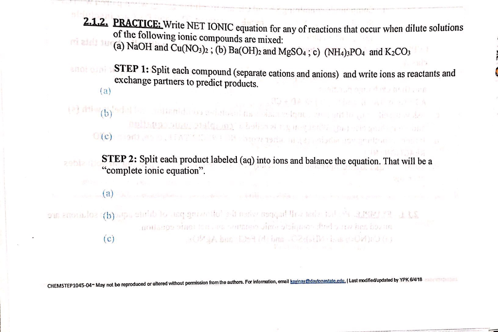 Solved 2.1.2. PRACTICE: Write NET IONIC equation for any of | Chegg.com