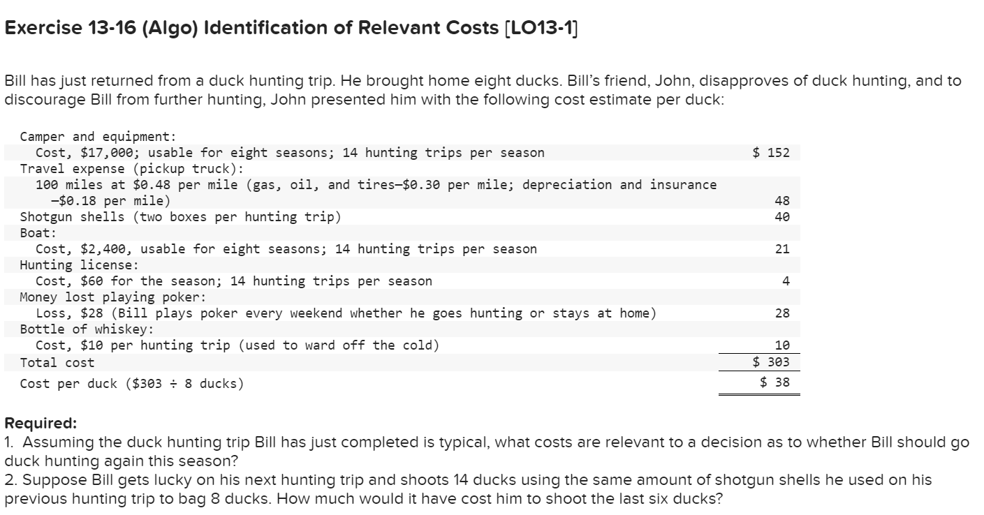 Solved Exercise 13-16 (Algo) Identification of Relevant | Chegg.com