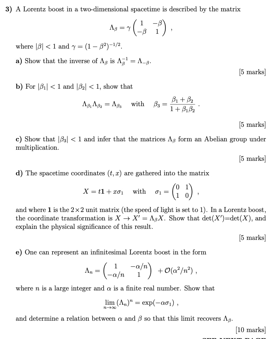 Solved 3) A Lorentz boost in a two-dimensional spacetime is | Chegg.com