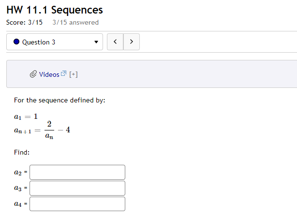 Solved HW 11.1 Sequences Score: 3/15 3/15 answered Question | Chegg.com