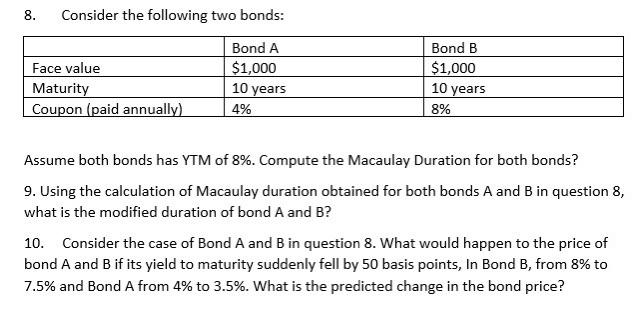 Solved 8. Consider the following two bonds: Assume both | Chegg.com