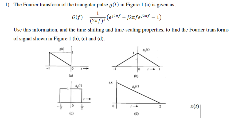 Solved 1) The Fourier transform of the triangular pulse g(t) | Chegg.com