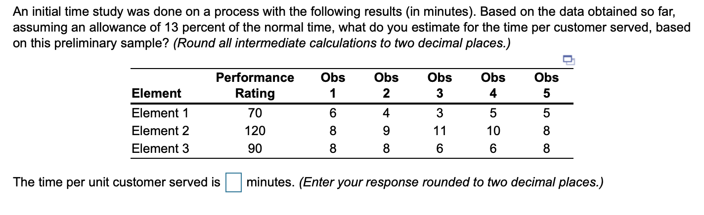 Solved An initial time study was done on a process with the | Chegg.com