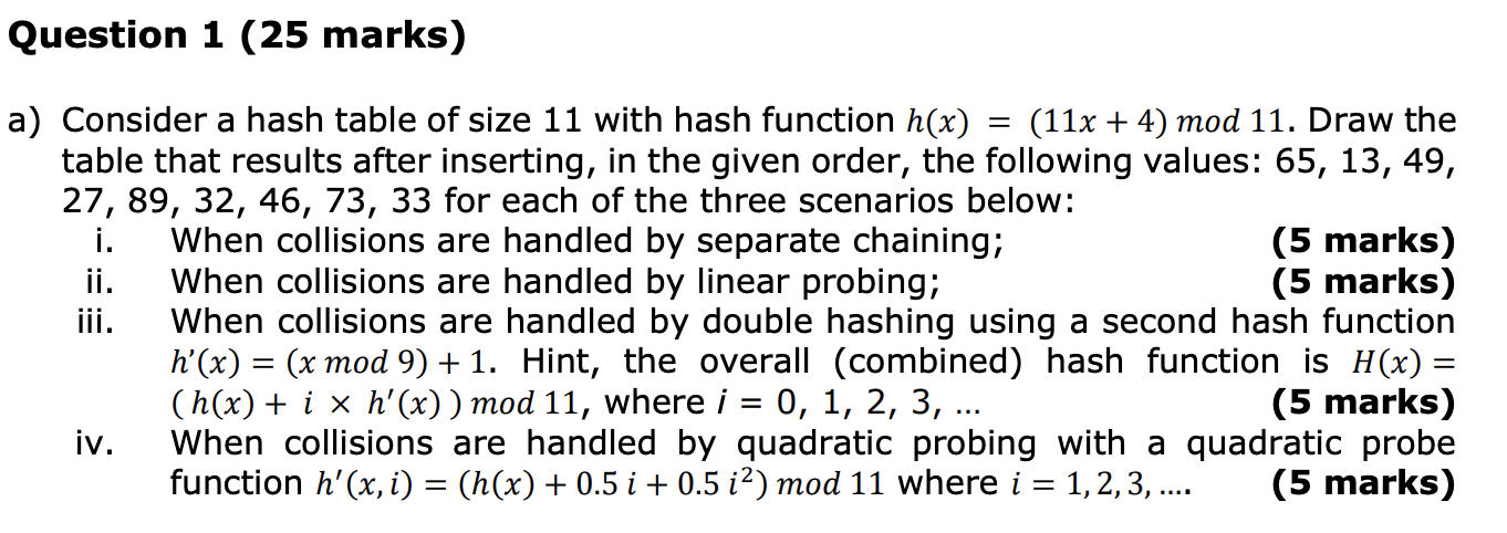 Solved a) Consider a hash table of size 11 with hash | Chegg.com