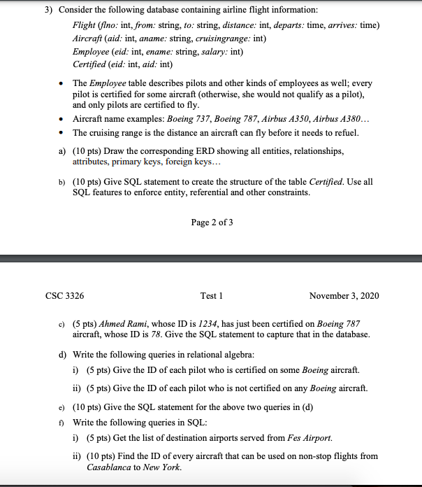 Solved 3) Consider the following database containing airline | Chegg.com