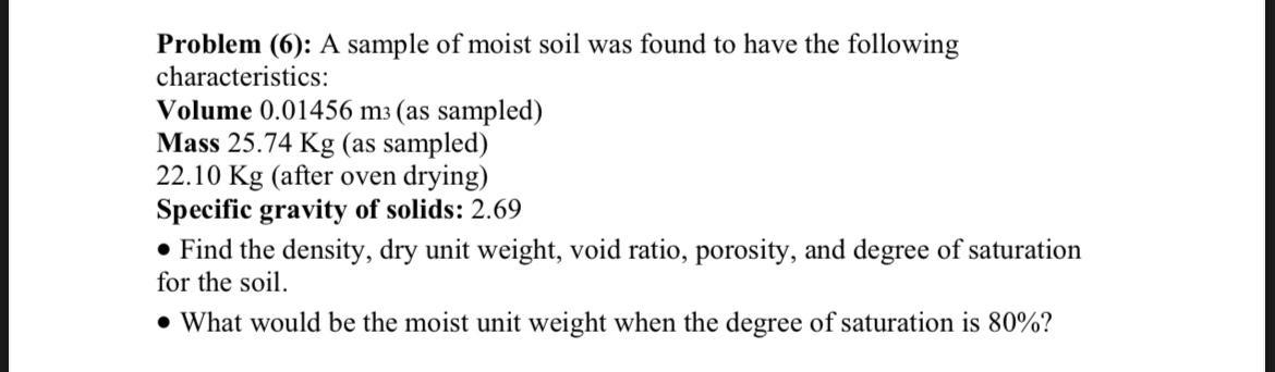 Solved Problem (6): A sample of moist soil was found to have | Chegg.com