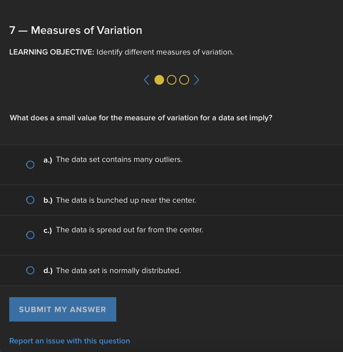 Solved What does a small value for the measure of variation | Chegg.com