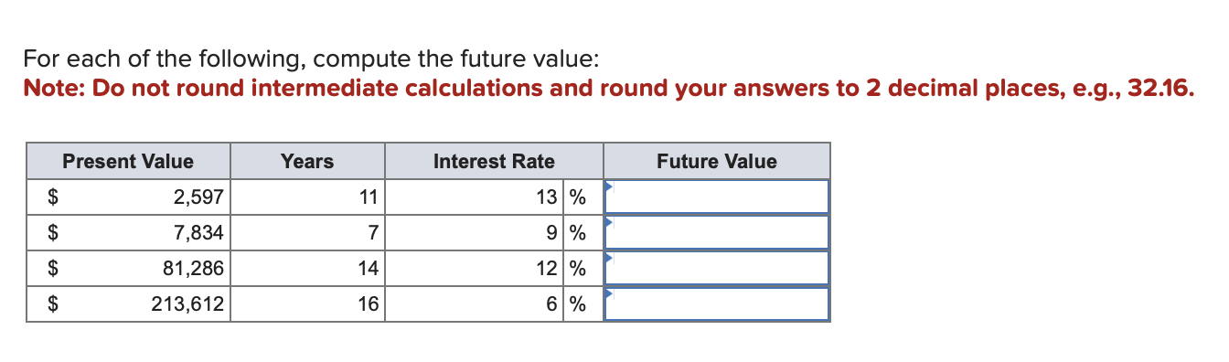 Solved For each of the following, compute the future value: | Chegg.com