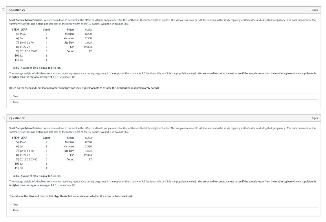 Solved Question 29 3 pts Small Sample Mean Problem. A study | Chegg.com