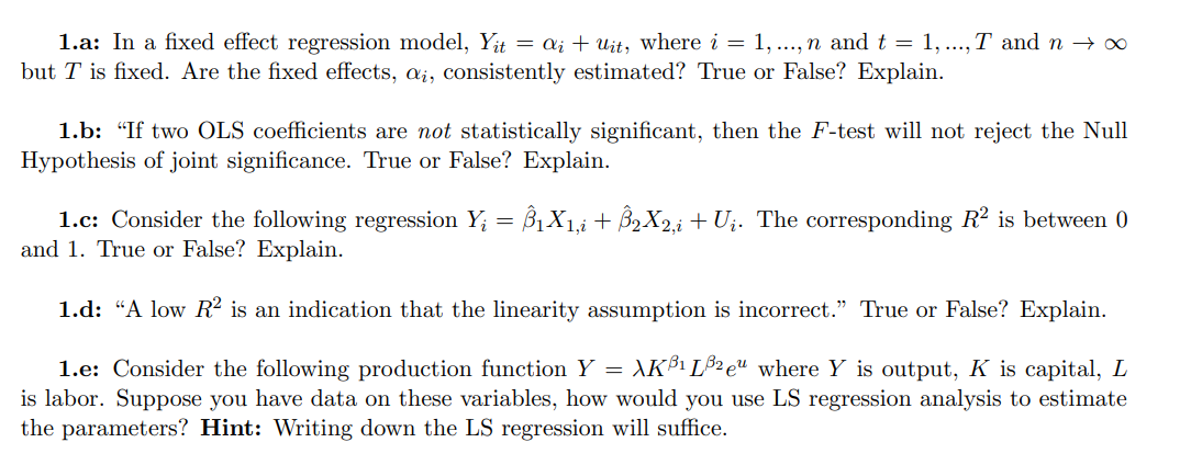Solved 1.a: In a fixed effect regression model, Yit = a; + | Chegg.com
