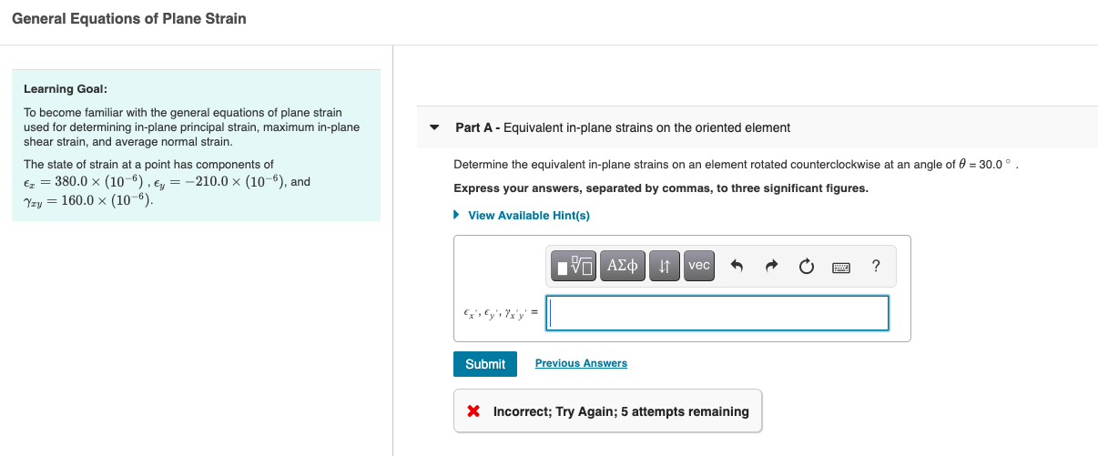 Solved General Equations of Plane Strain Part A - Equivalent | Chegg.com