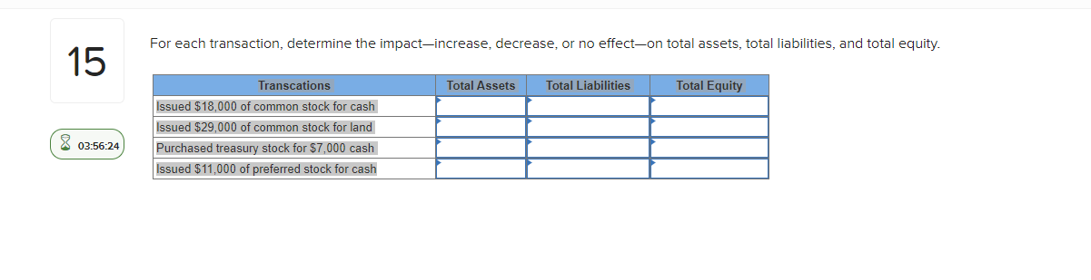 Solved For each transaction, determine the impact-increase, | Chegg.com