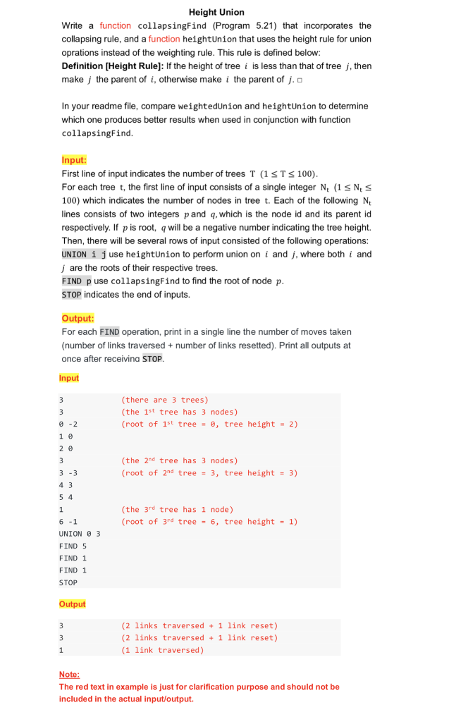 Height Union Write a function collapsingFind (Program | Chegg.com
