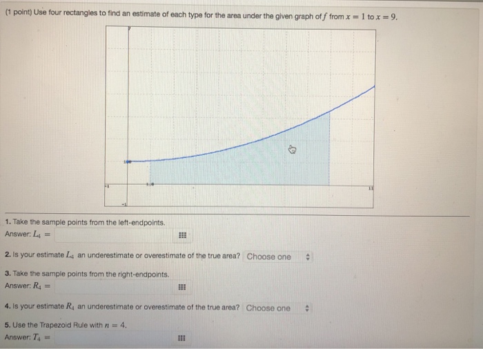 Solved (1 point) Use four rectangles to find an estimate of | Chegg.com