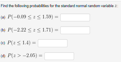 Solved Find the following probabilities for the standard | Chegg.com