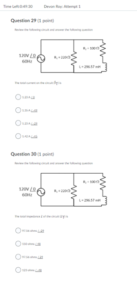 Solved Time Left:0.49:30 Devon Roy. Attempt 1 Question 29 (1 | Chegg.com