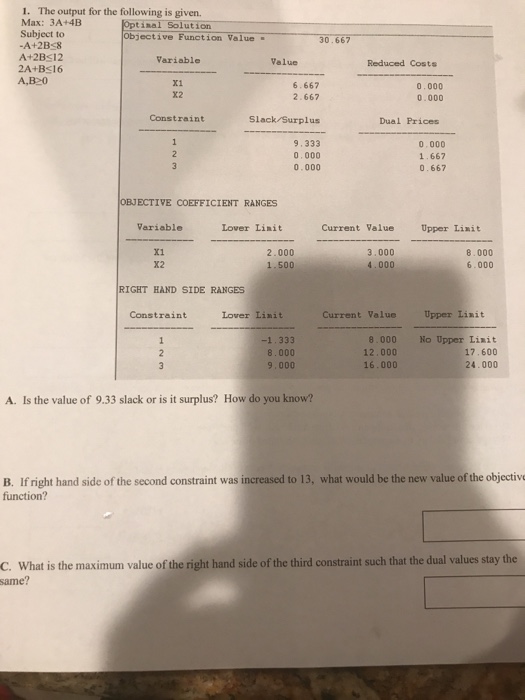 Solved The output for the following is given. Max: 3A + 4B | Chegg.com