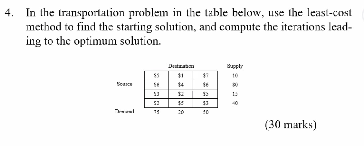 Solved 4. In the transportation problem in the table below, | Chegg.com